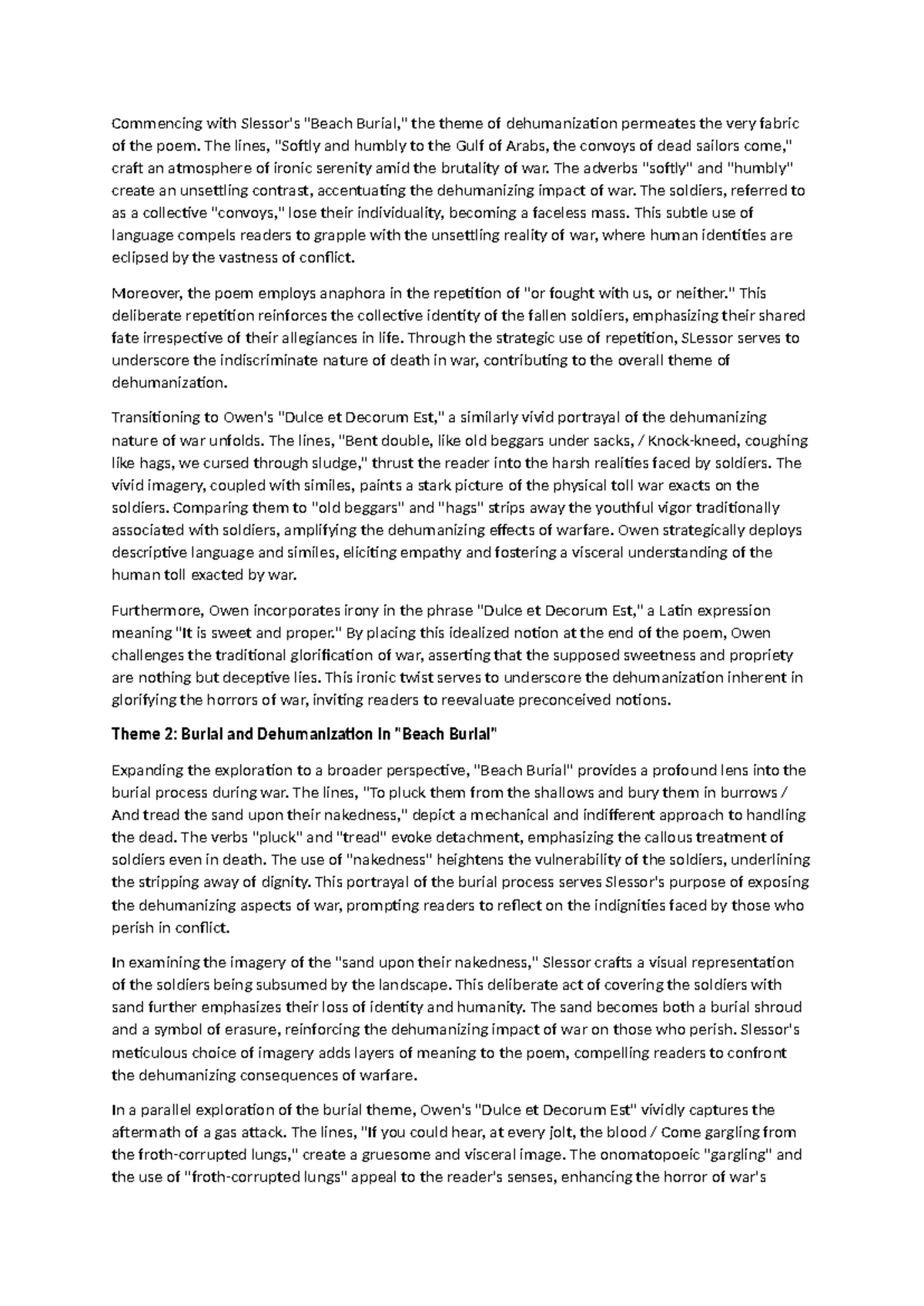 Analysis of Dehumanization in Kenneth Slessor's "Beach Burial" and Owen ...