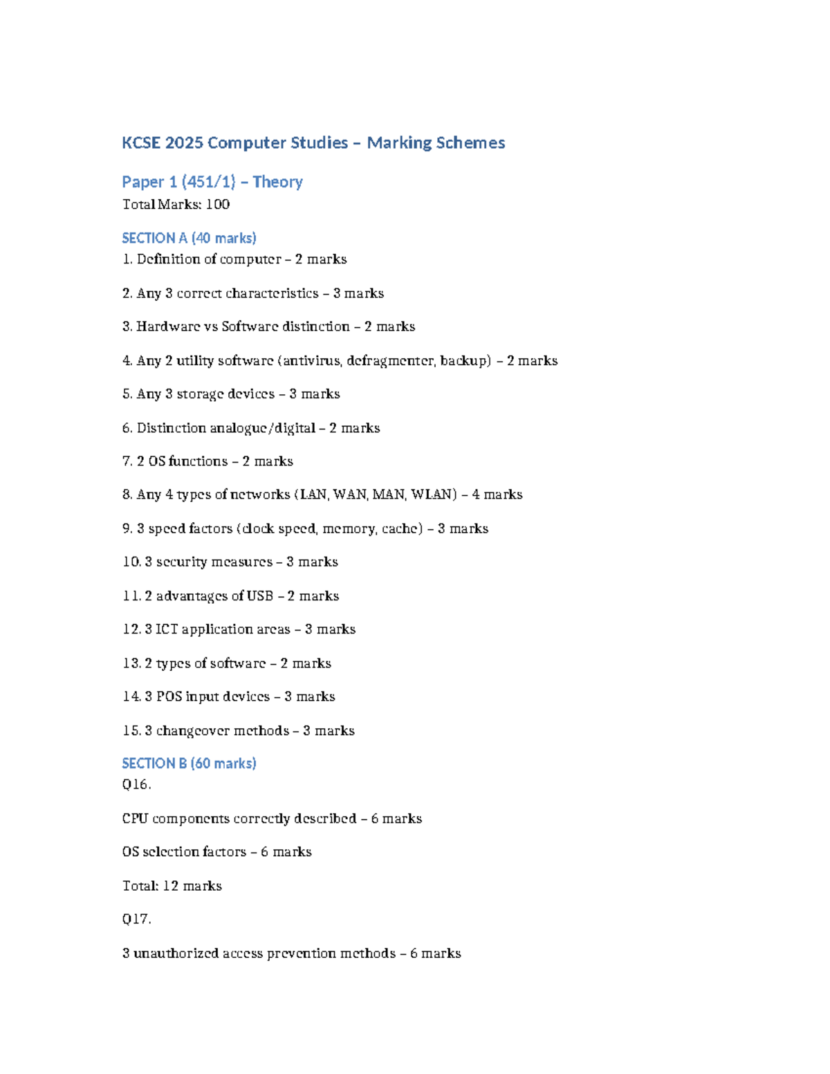 KCSE 2025 Computer Studies Marking Schemes: Paper 1 & 2 - Studocu