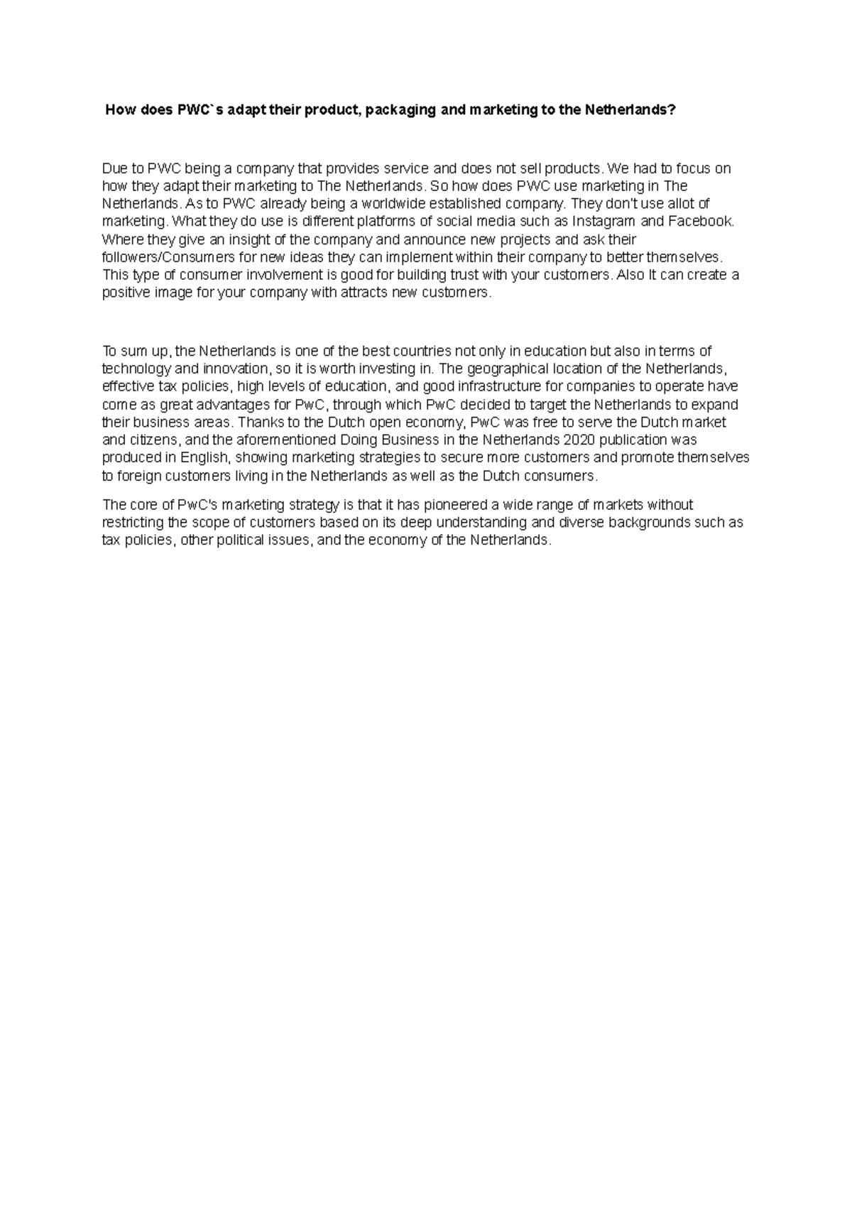 PWC Marketing - Description of PWC company - How does PWC`s adapt their ...