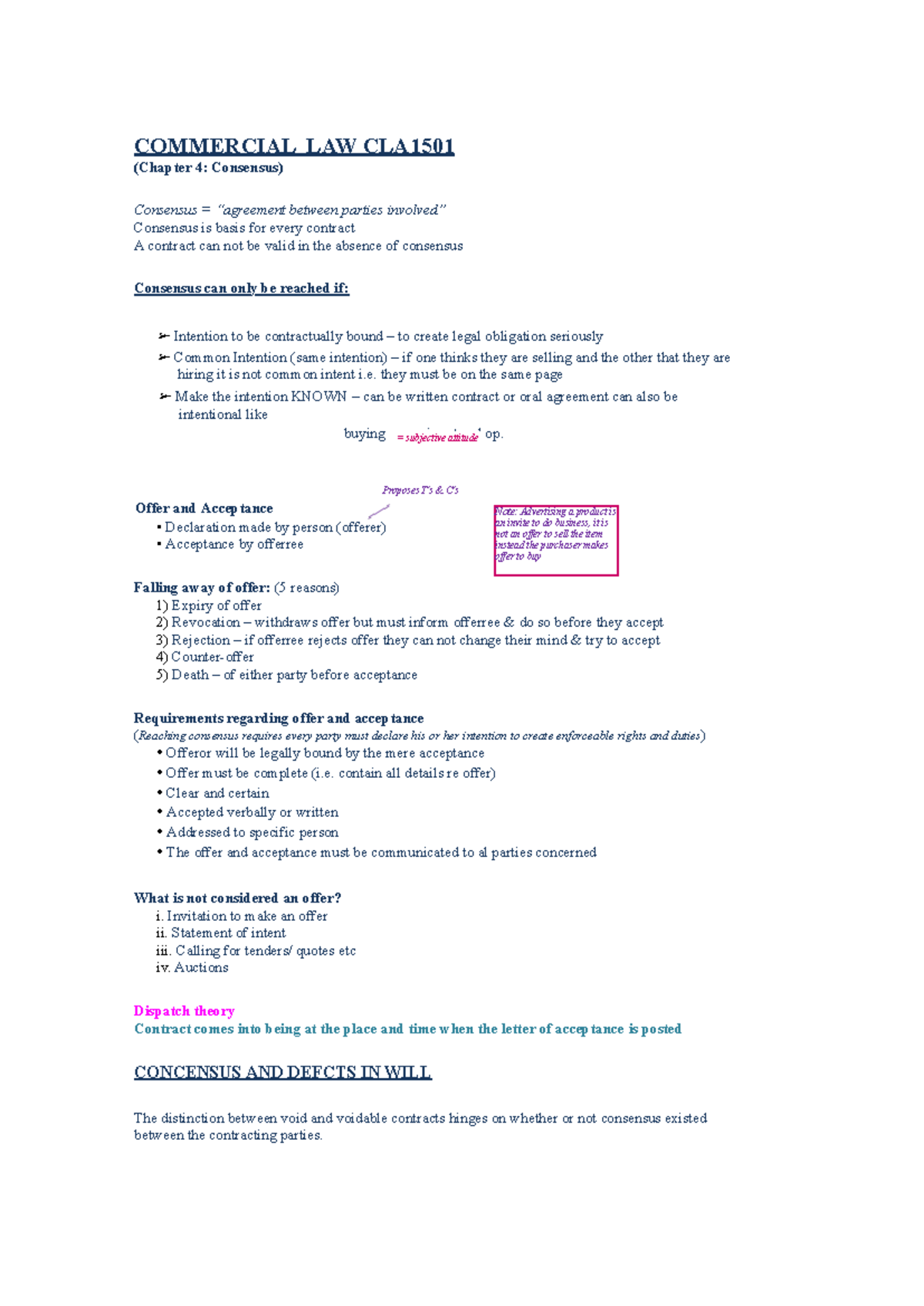 Chapter 4: Understanding Consensus in Commercial Law CLA - Studocu