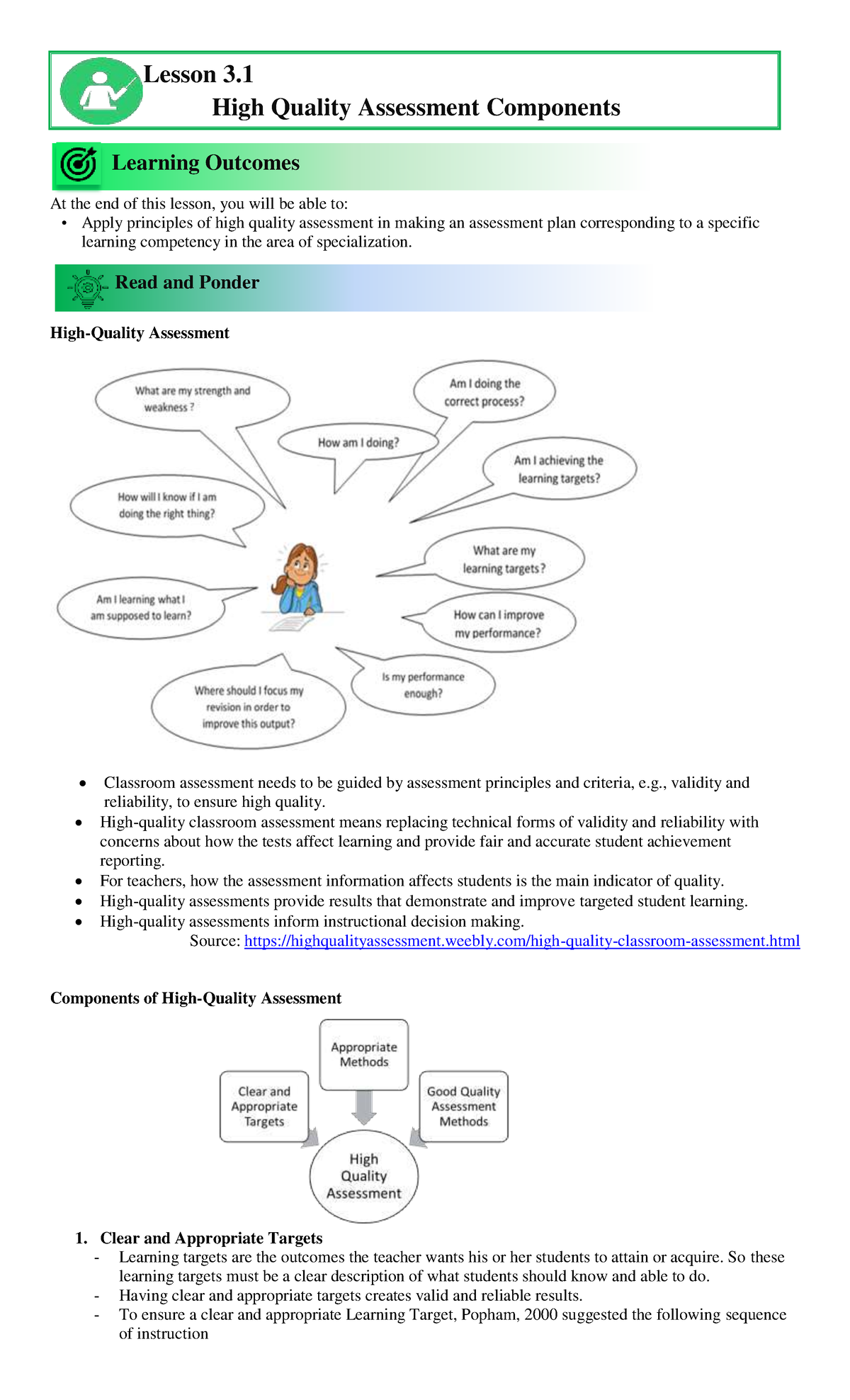 Lesson 3: High Quality Assessment Components and Learning Outcomes ...