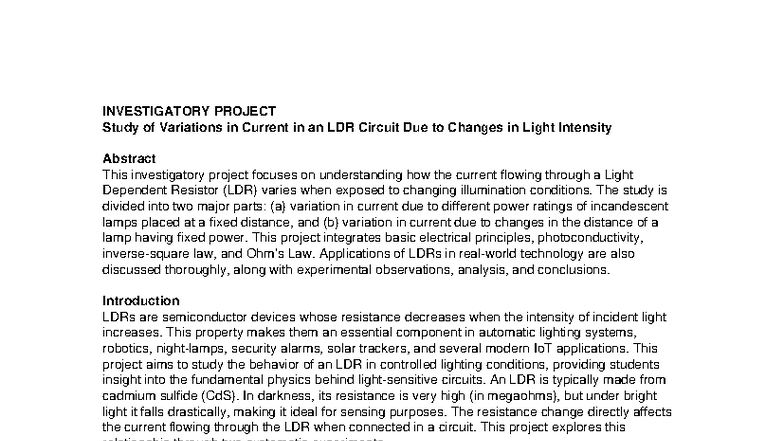 LDR Project (PHYS 12) - Current Variations with Light Intensity - Studocu