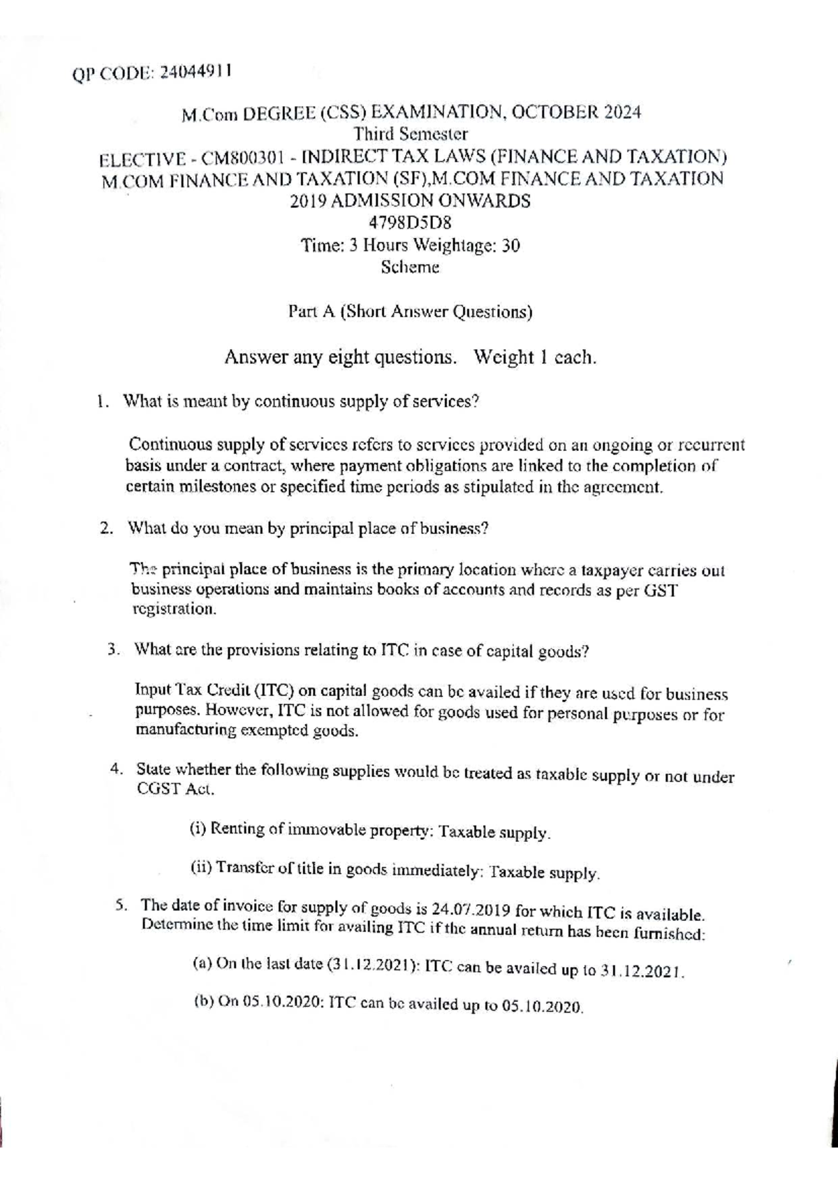 GST Oct 2024 M.Com Exam Answer Key for CM800301 Indirect Tax Laws - Studocu