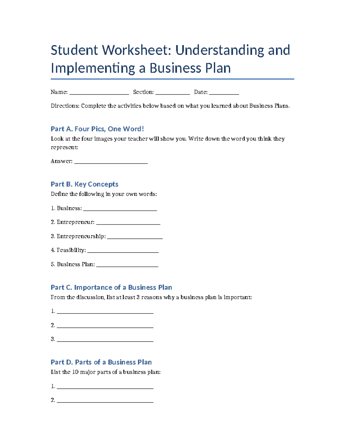Business Plan Worksheet: Understanding & Implementing Strategies - Studocu