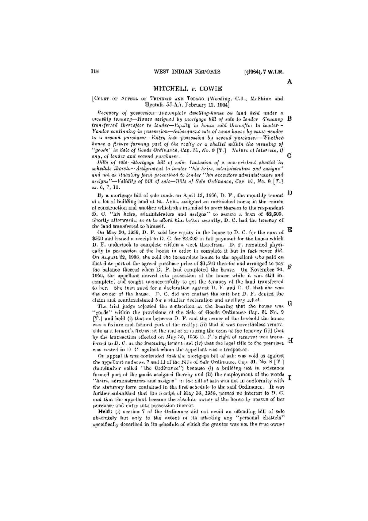 Mitchell v. Cowie 1964: Chattel House Case Analysis (7 WIR 118) - Studocu