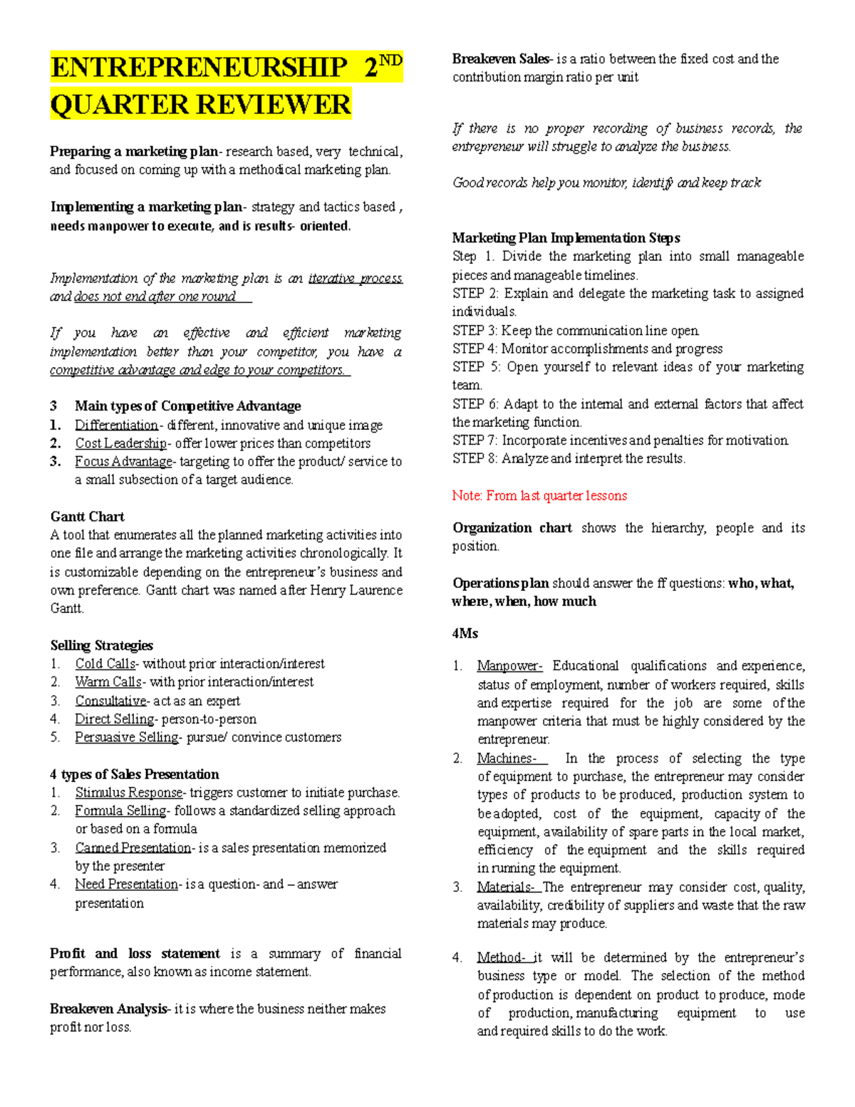 Entrepreneurship 2ND Quarter Marketing Plan Reviewer - Studocu