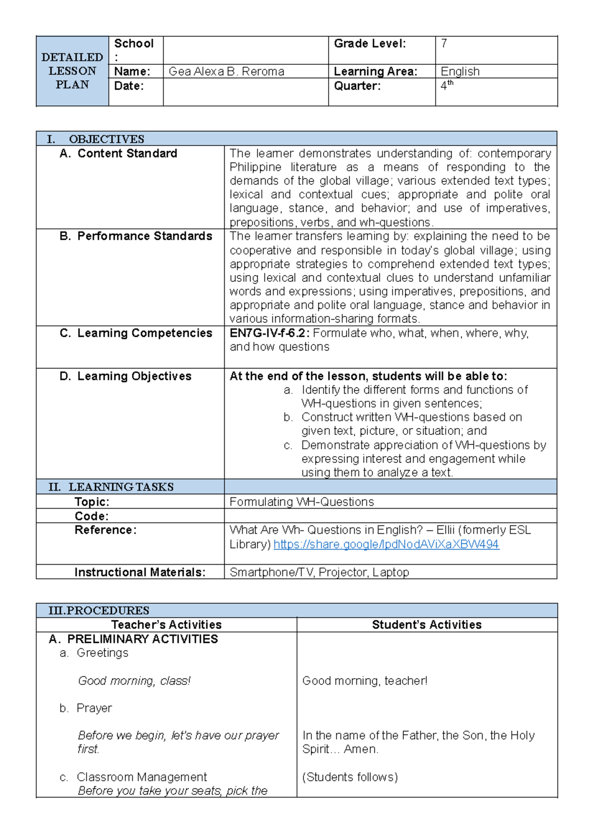Grammar - 4As Detailed Lesson Plan: Formulating WH-Questions - Studocu