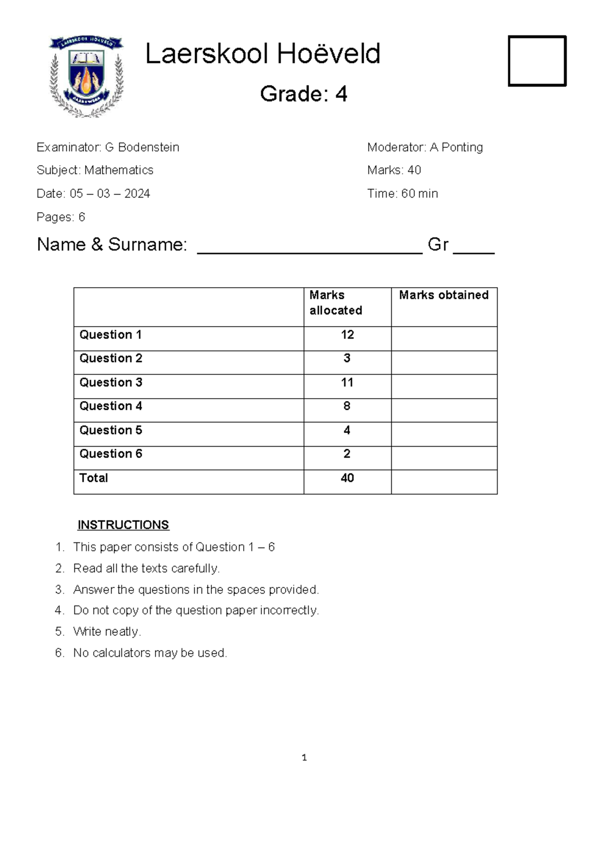 Gr4-MATH-FAT2 - Grade 4 Mathematics Investigation Exam Paper - Studocu