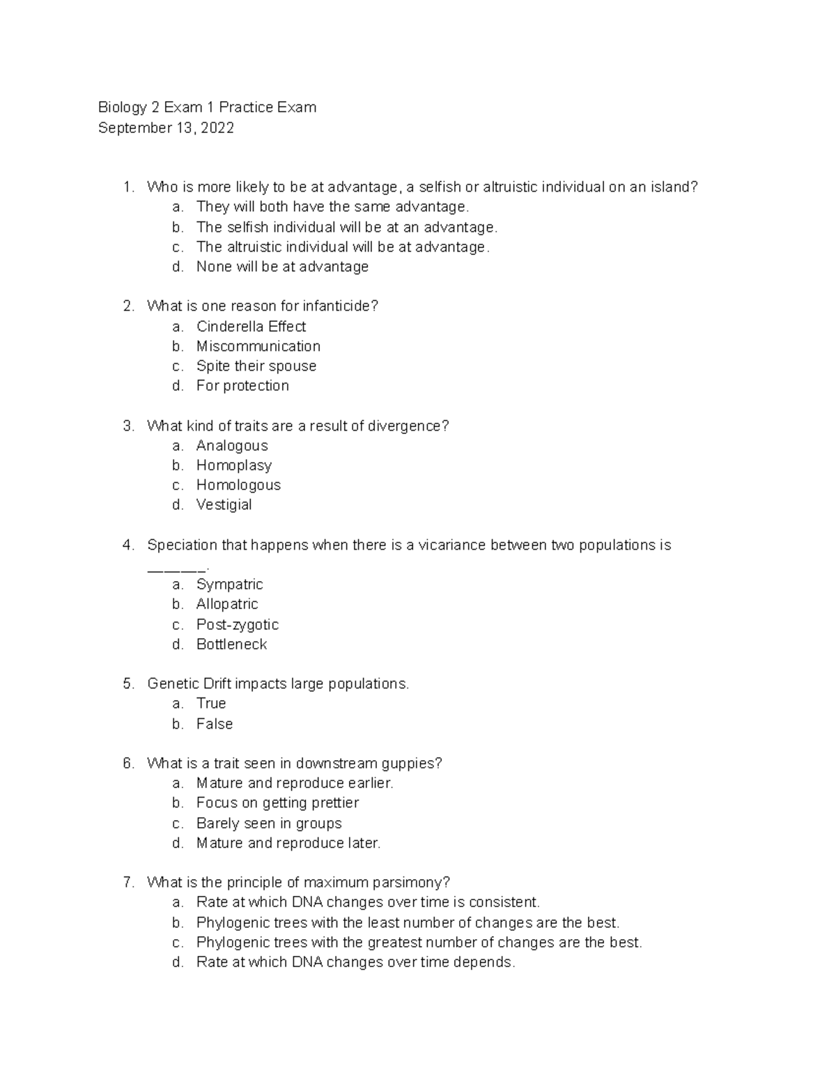 Biology 2 Exam 1 Practice Questions and Answers - Studocu