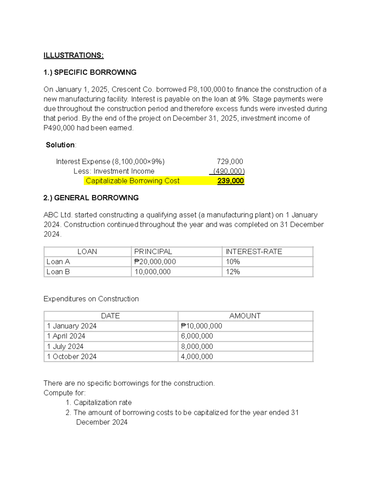 Illustrations on Borrowing Costs: Specific & General Methods - Studocu