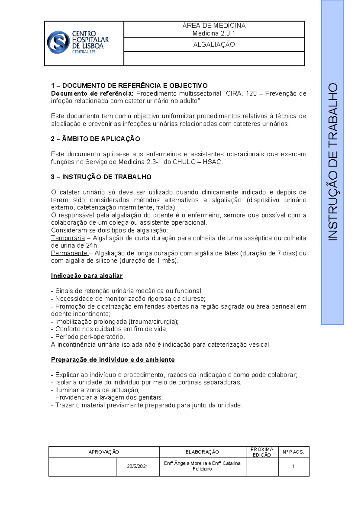 Procedimento de Algaliação e Prevenção de Infeções em Medicina 2.3 ...