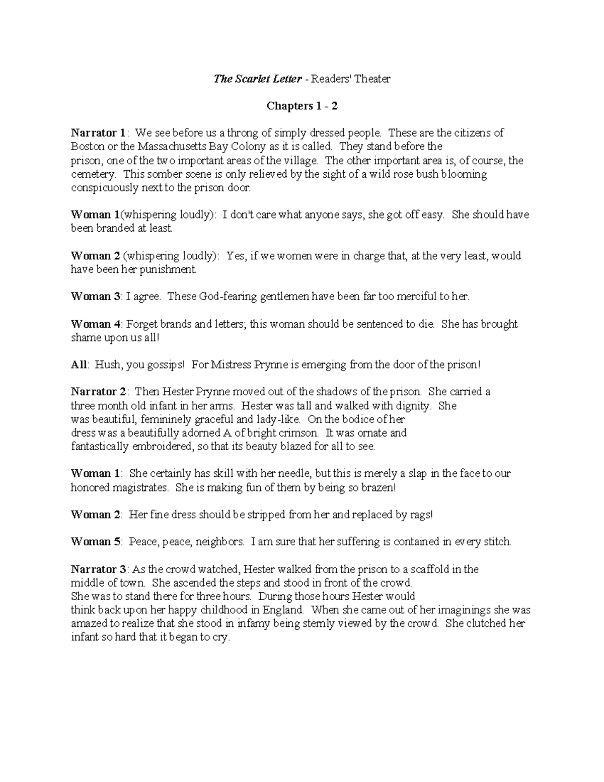 The Scarlet Letter: Readers' Theater Script (Chapters 1-11) - Studocu