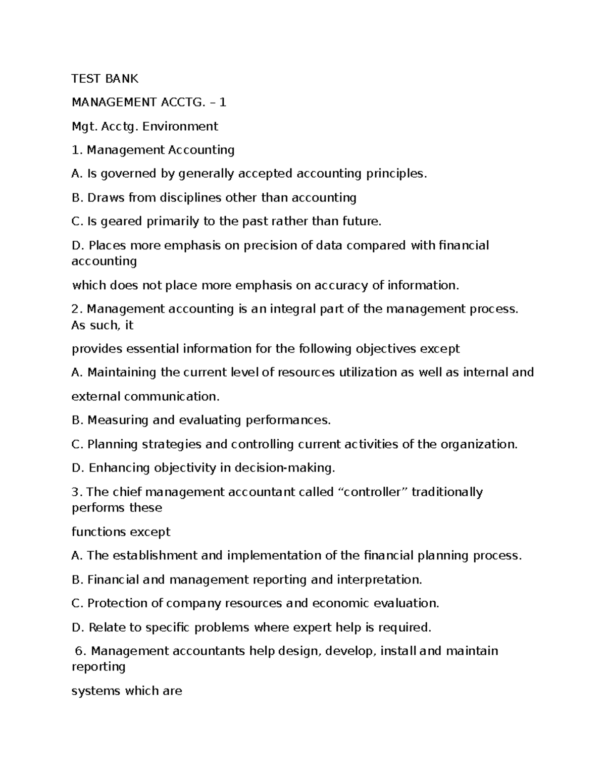 Test Bank: Management Accounting (MAS) - Key Concepts & Functions - Studocu
