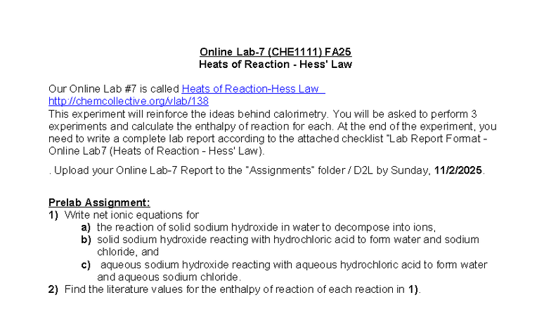CHE1111 Lab7: Heats of Reaction - Hess' Law (FA25) - Studocu