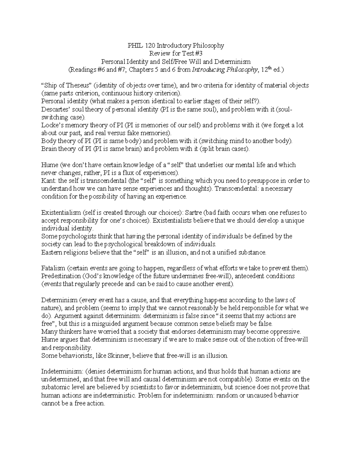 PHIL 120 Review for Test #3: Personal Identity, Free Will, and ...
