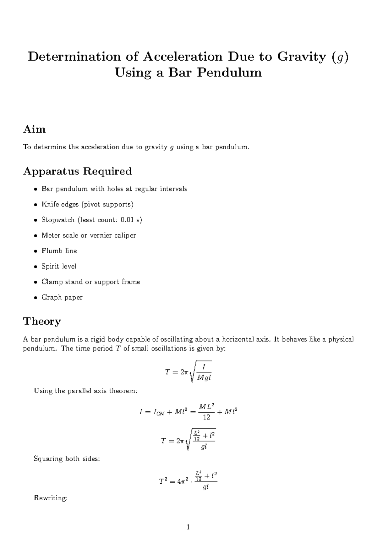 UG4 2025 - Experiment on Determining Acceleration Due to Gravity Using a Bar - Studocu