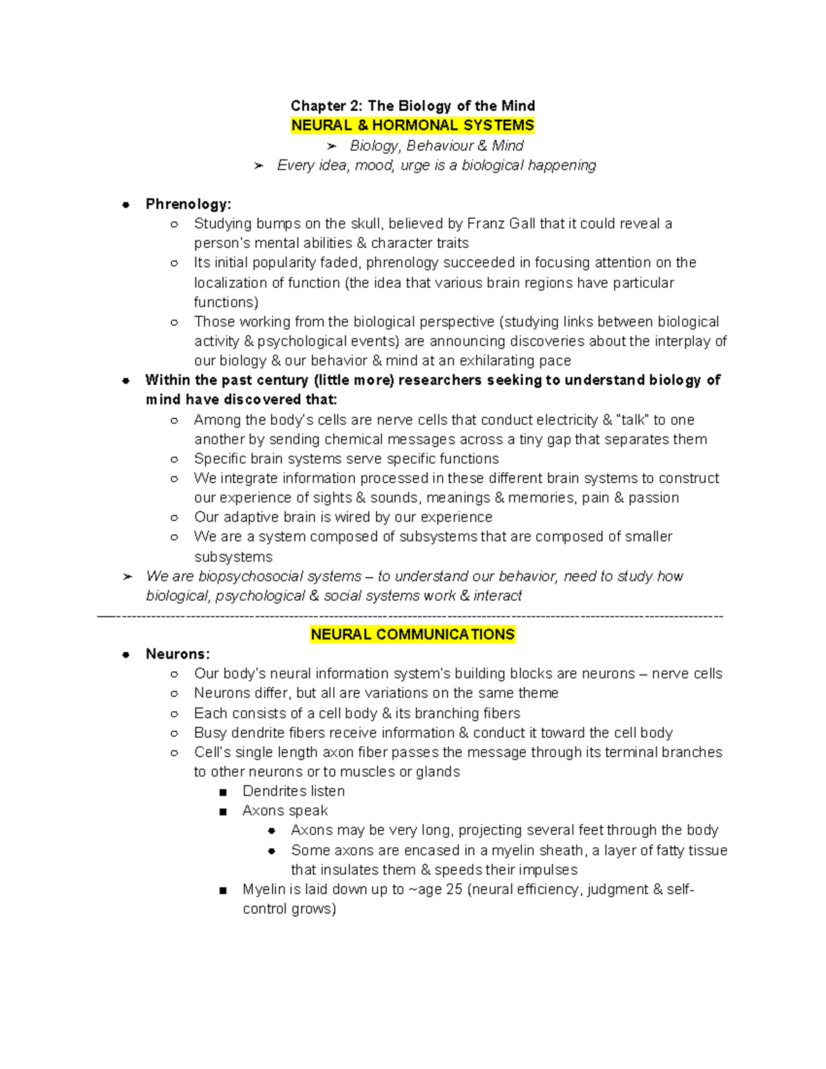 Chapter 2-Notes - Summary Psychology - Chapter 2: The Biology of the ...