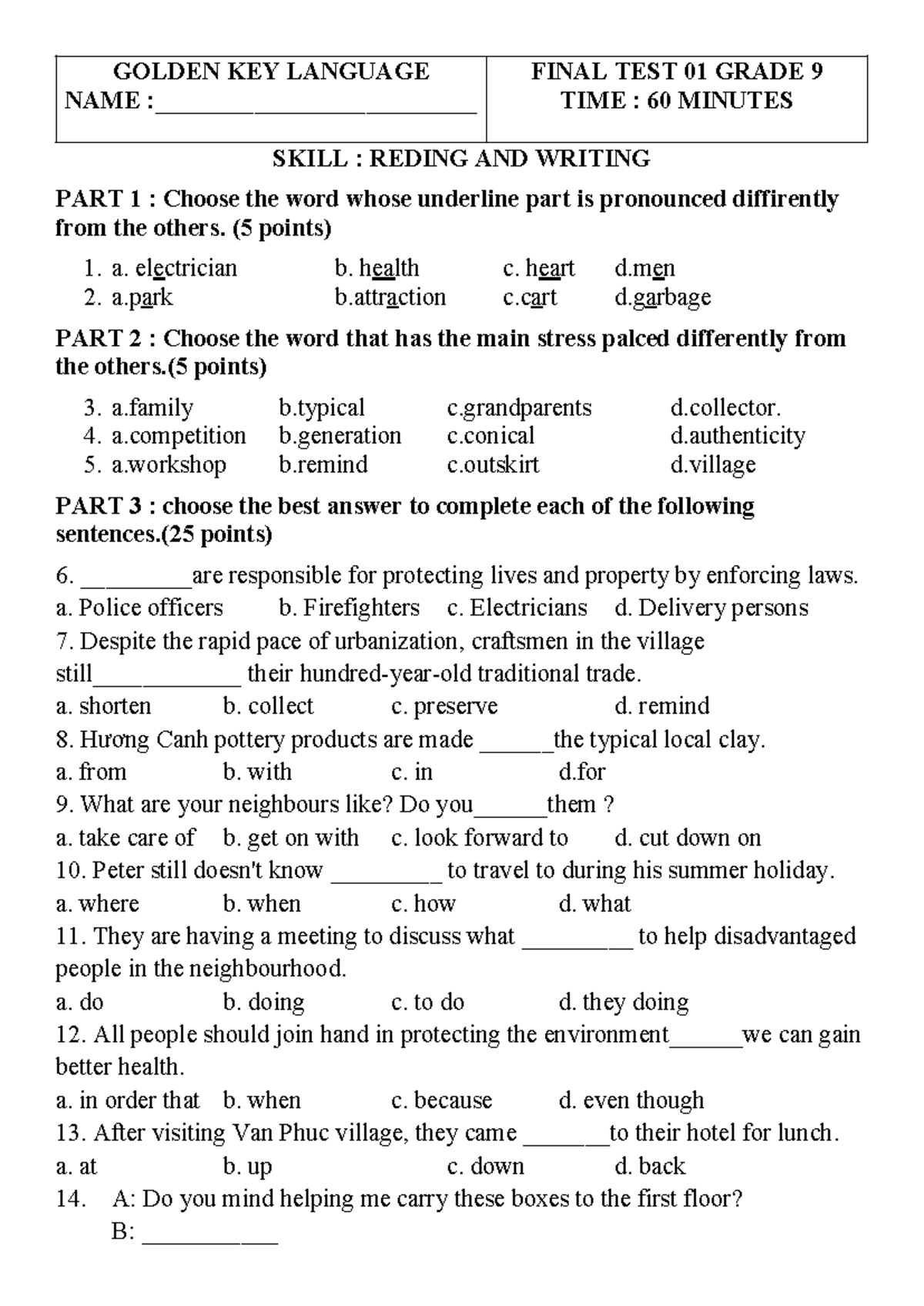 Final Test 01: Grade 9 English Language Skills Assessment - Studocu