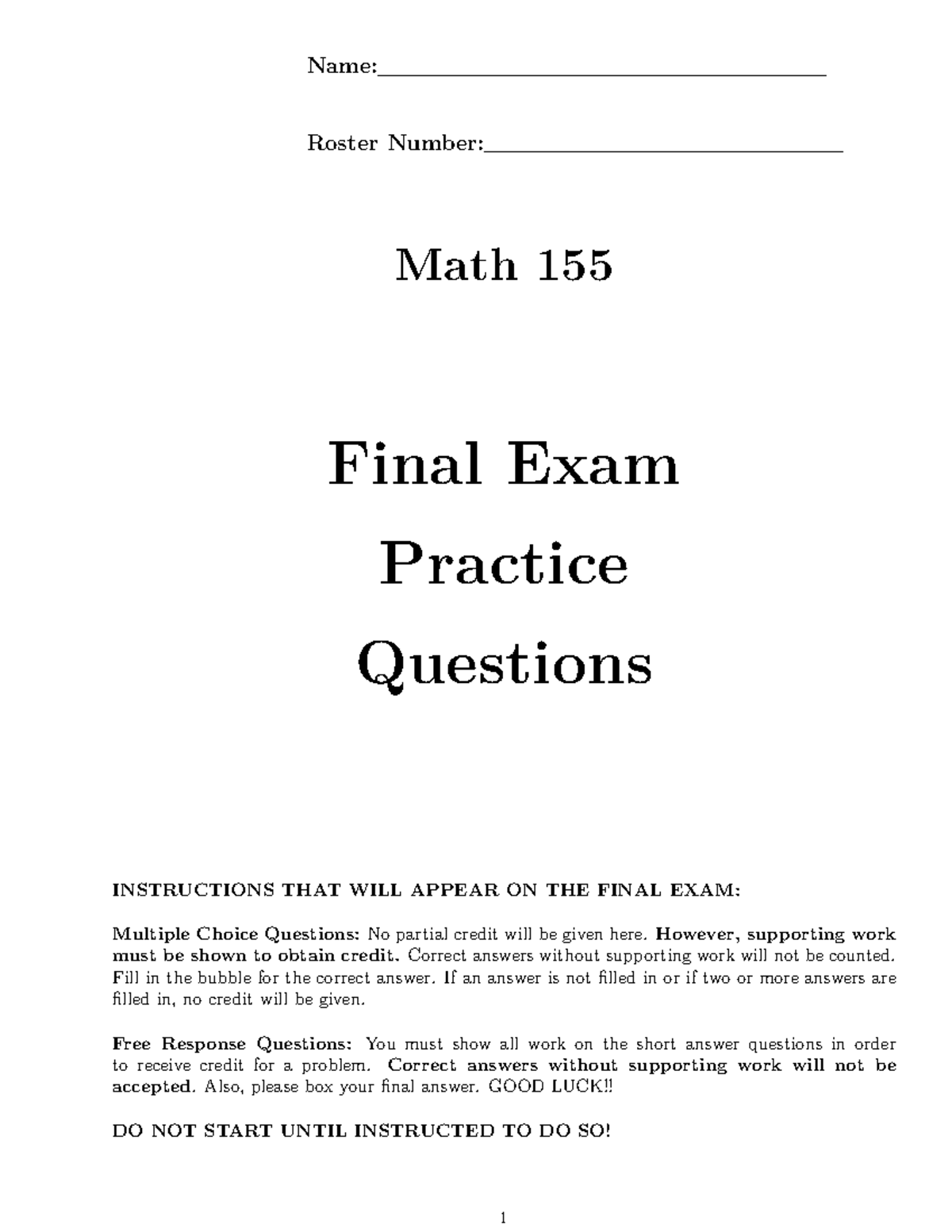 Math 155 Final Exam Practice Questions - Studocu