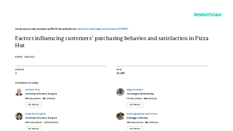 Factors Influencing Purchasing Behavior & Satisfaction at Pizza Hut (2021) - Studocu