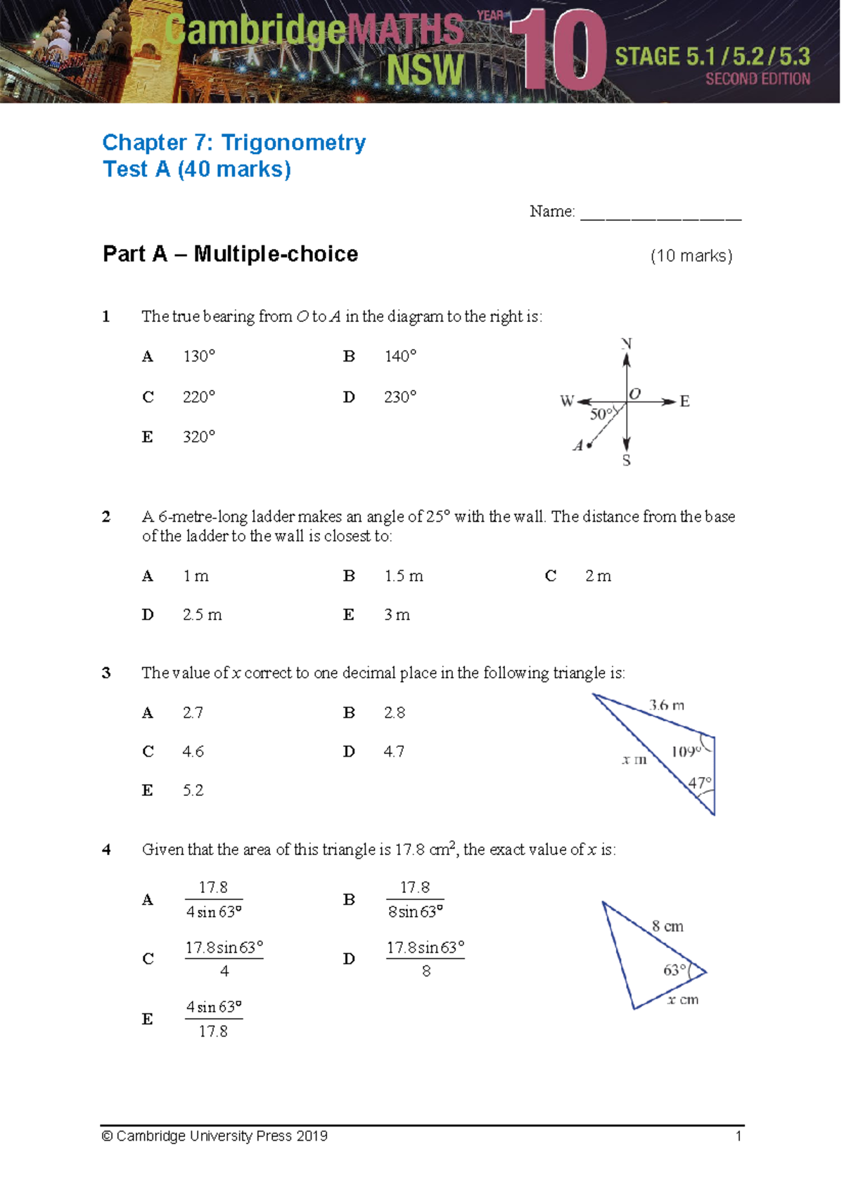 Chapter 7: Trigonometry Test A (40 Marks) - Solutions and Answers - Studocu