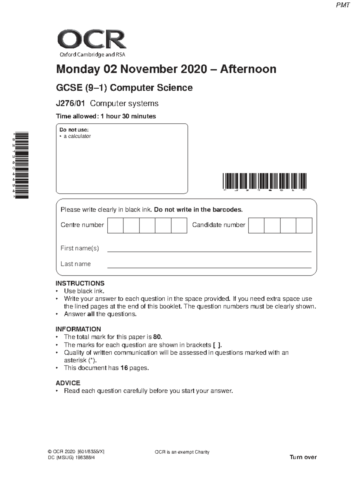 November 2020 GCSE Computer Science Paper 1 - OCR Exam - Studocu