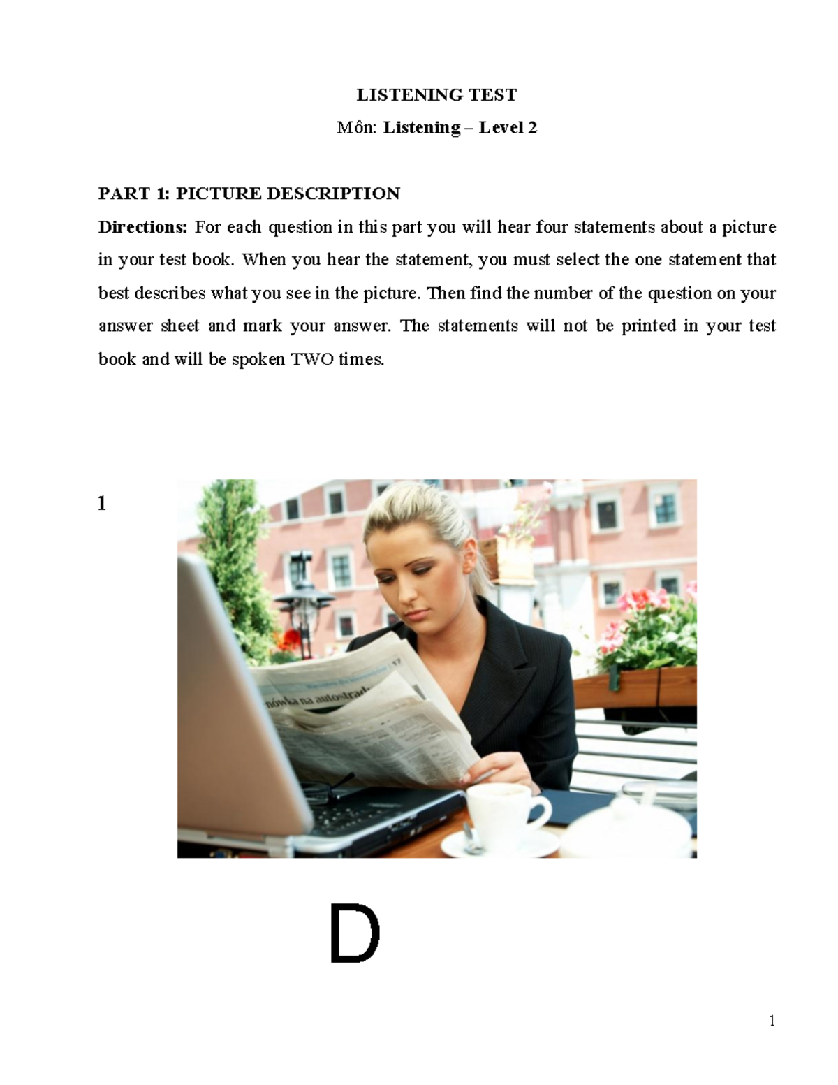 Listening Test Level 2: Picture Description & Conversations - Studocu