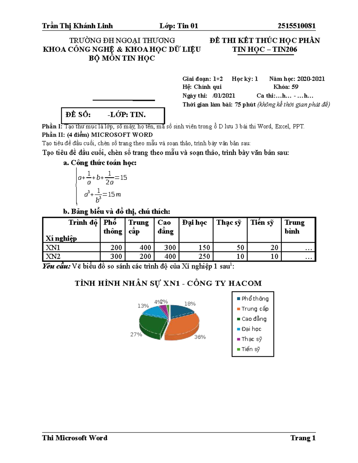 Đề Thi Kết Thúc Học Phần TIN206 - Bài Tập Tin 01 - Studocu