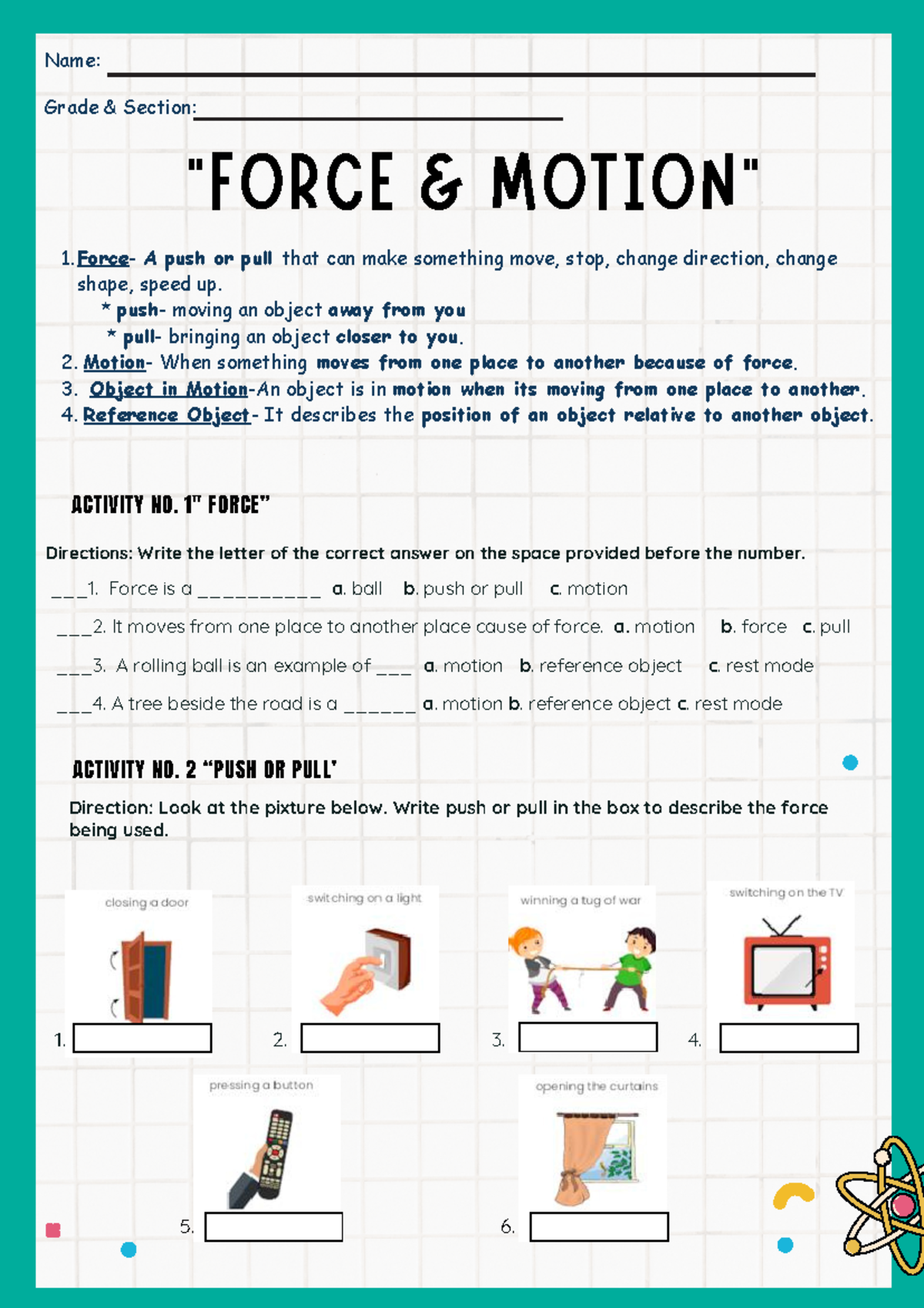 Force & motion - notes - Directions: Write the letter of the correct ...