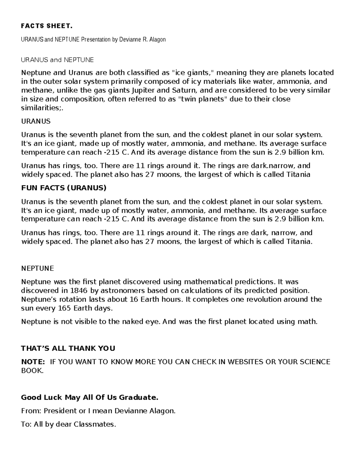 Facts Sheet - FACTS SHEET. URANUS and NEPTUNE Presentation by Devianne ...