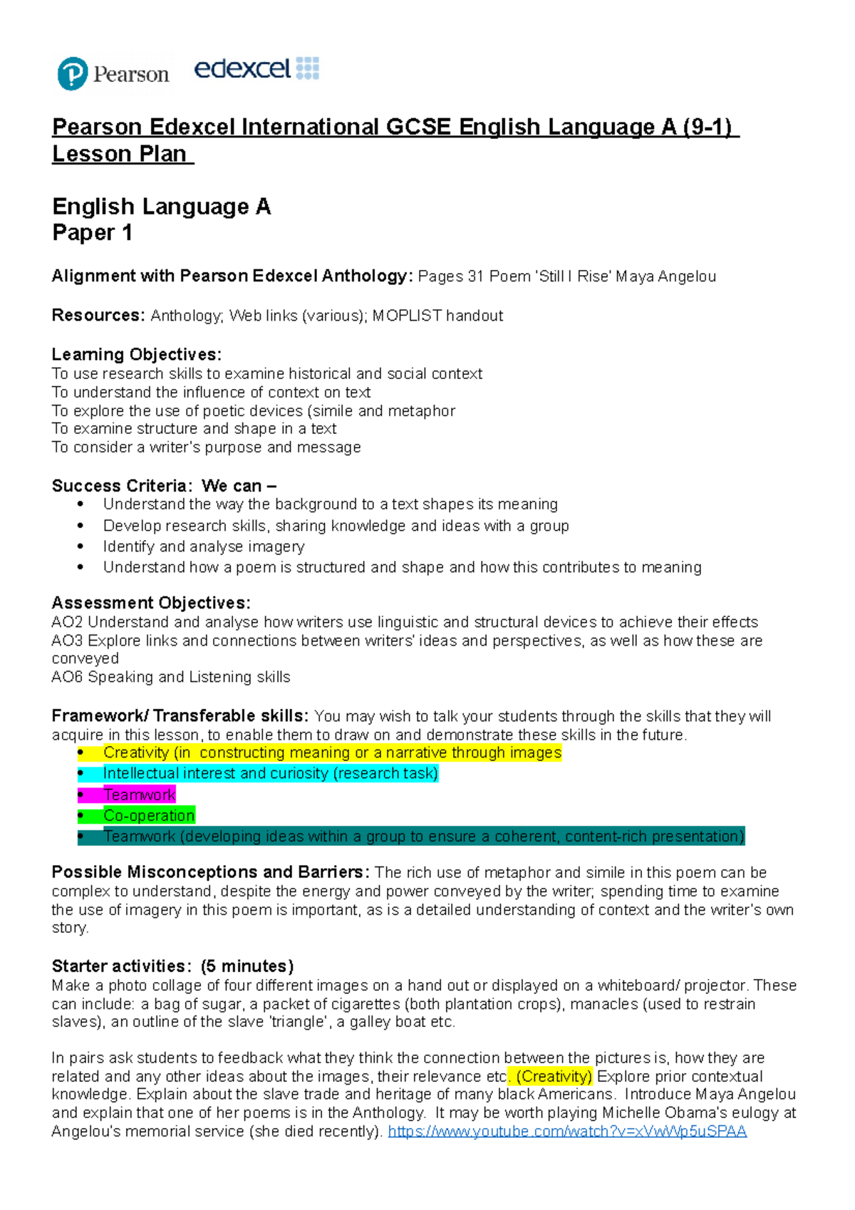 Edexcel GCSE English Language A (9-1) Still I Rise Lesson Plan - Studocu