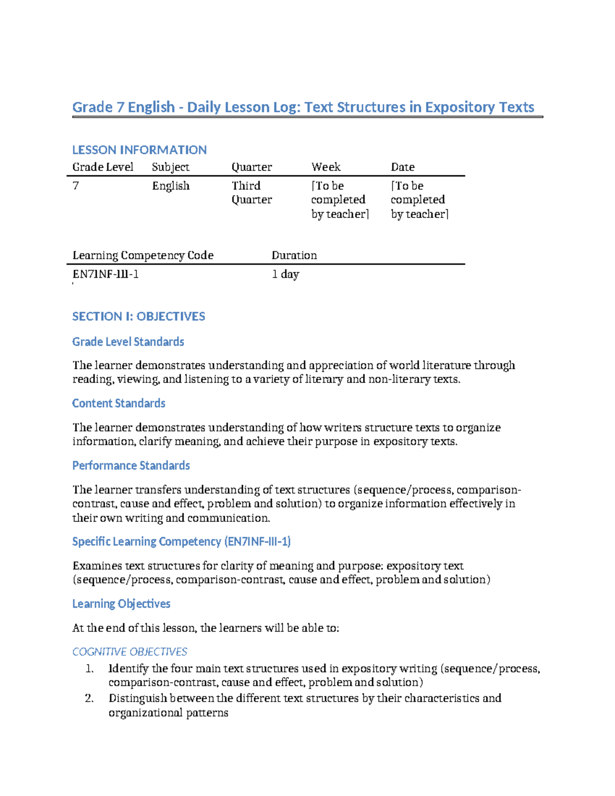 Grade 7 English - Daily Lesson Log: Expository Text Structures - Studocu