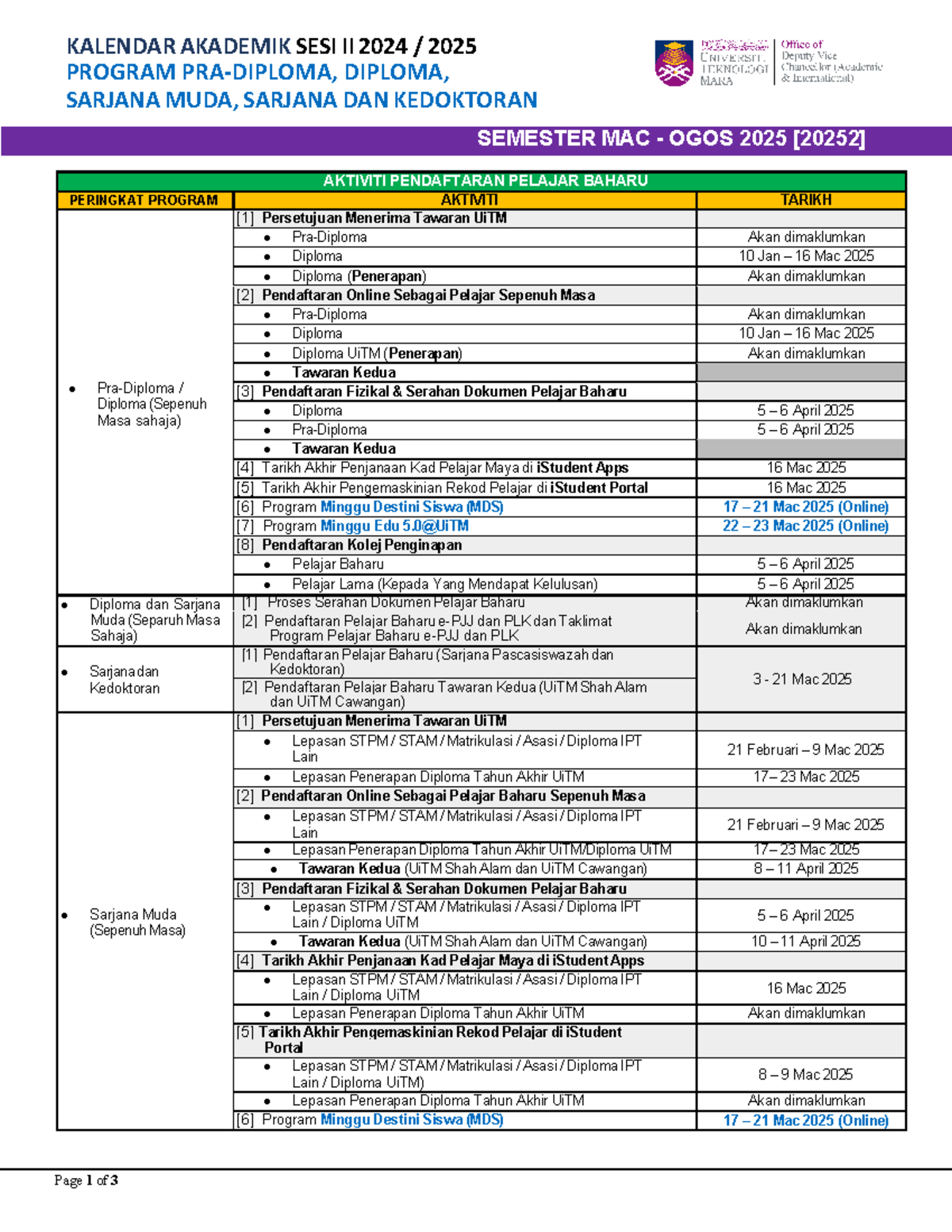 Kalendar Akademik Sesi II 2024/2025 Program Diploma dan Sarjana Muda ...