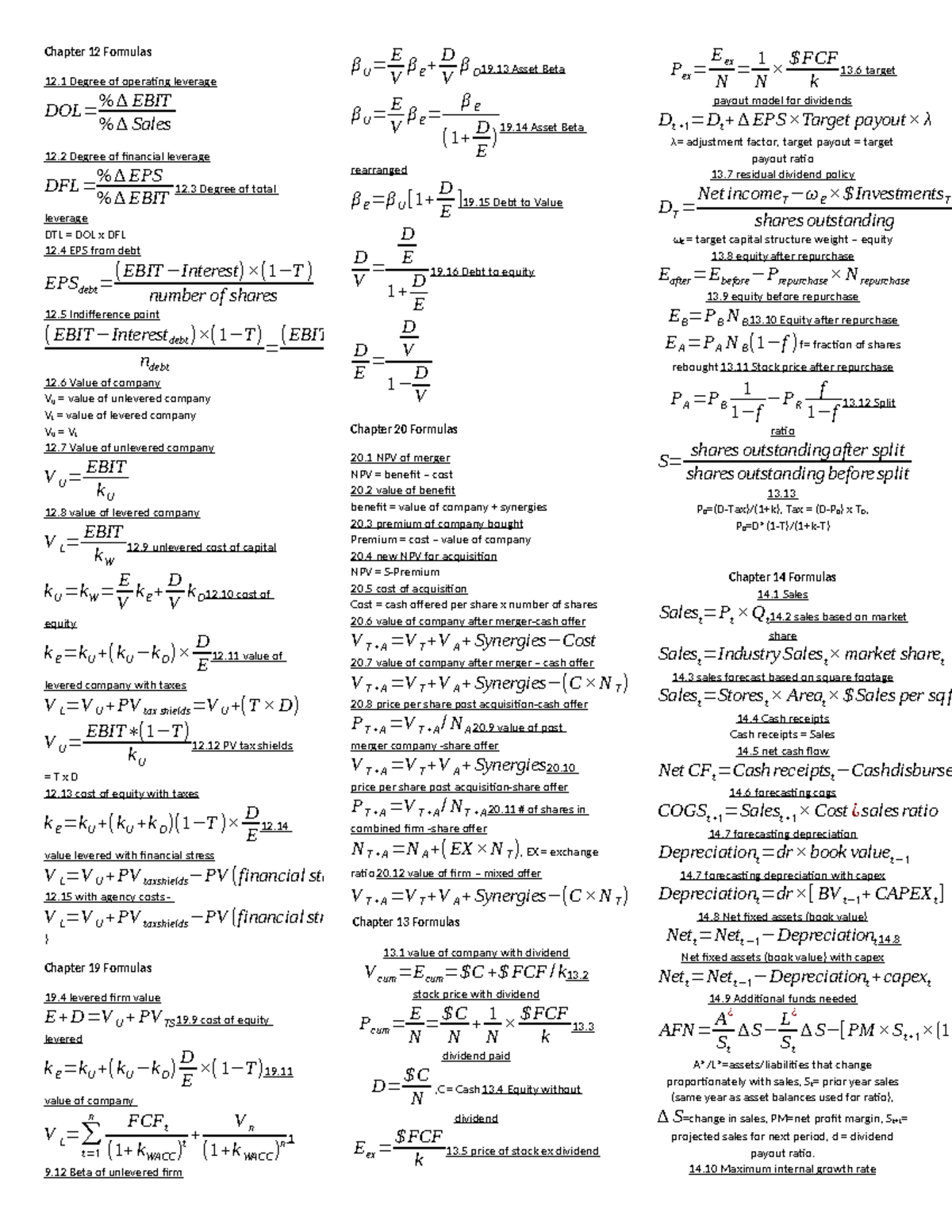 BU393 Final Exam Formulas - Chapter 12 Formulas 12 Degree of operating ...