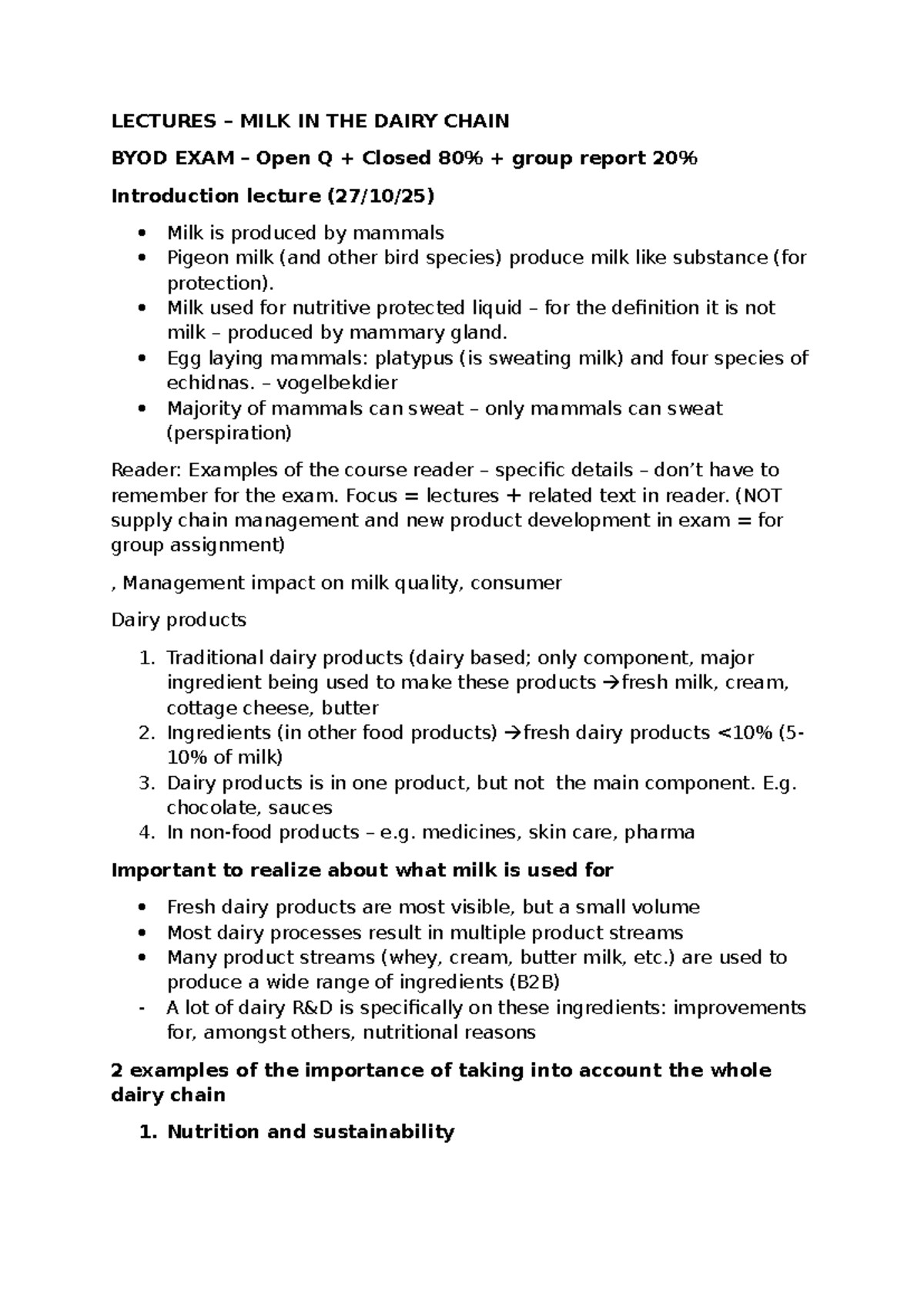 LECTURE NOTES: MILK IN THE DAIRY CHAIN (OD EXAM) - Studeersnel