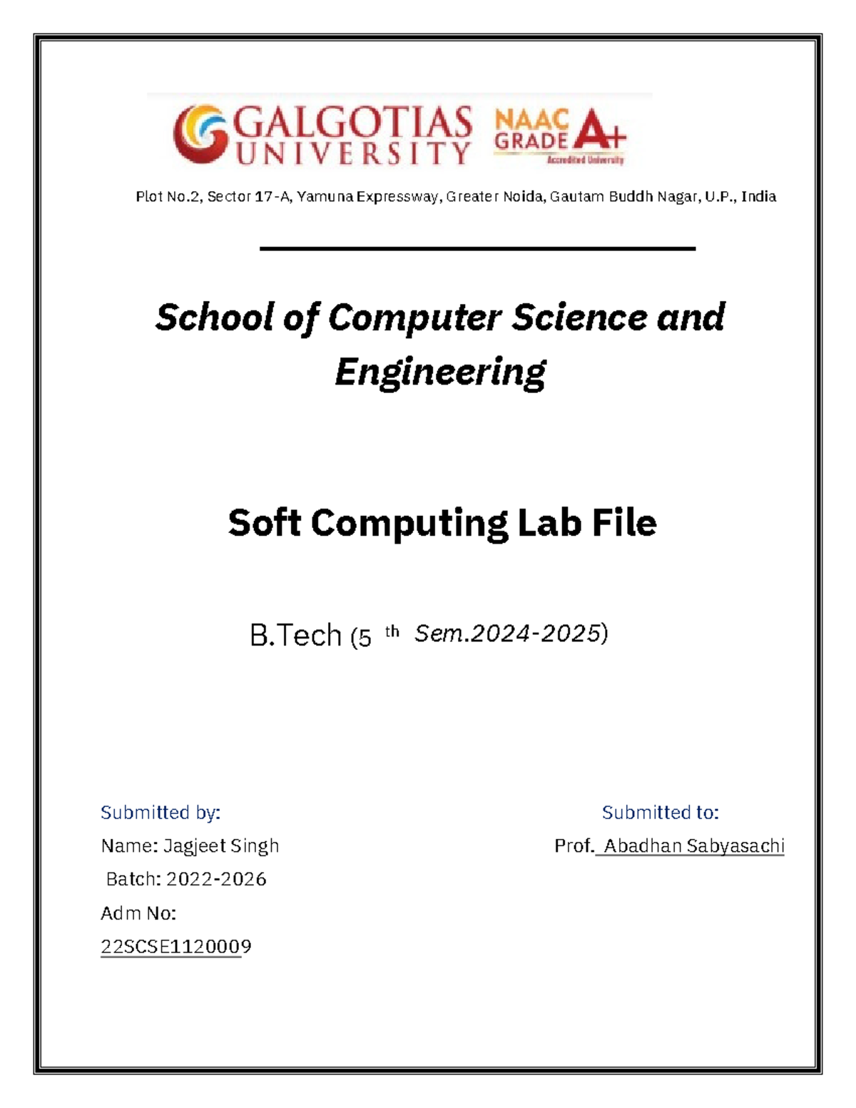 LAB Front PAGE.pdf - Provide deep knowledge - B tech - Plot No, Sector ...