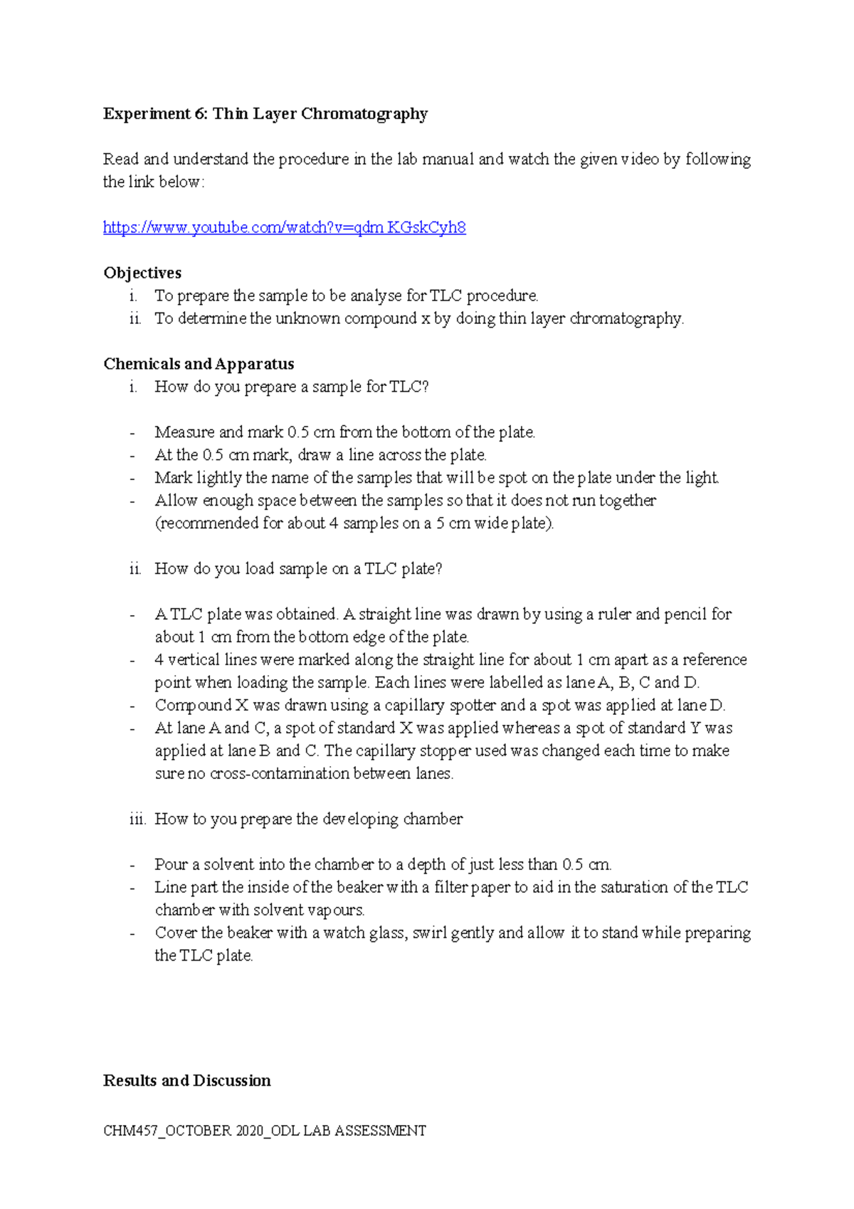 CHM457 - Experiment 6 - Experiment 6: Thin Layer Chromatography Read ...
