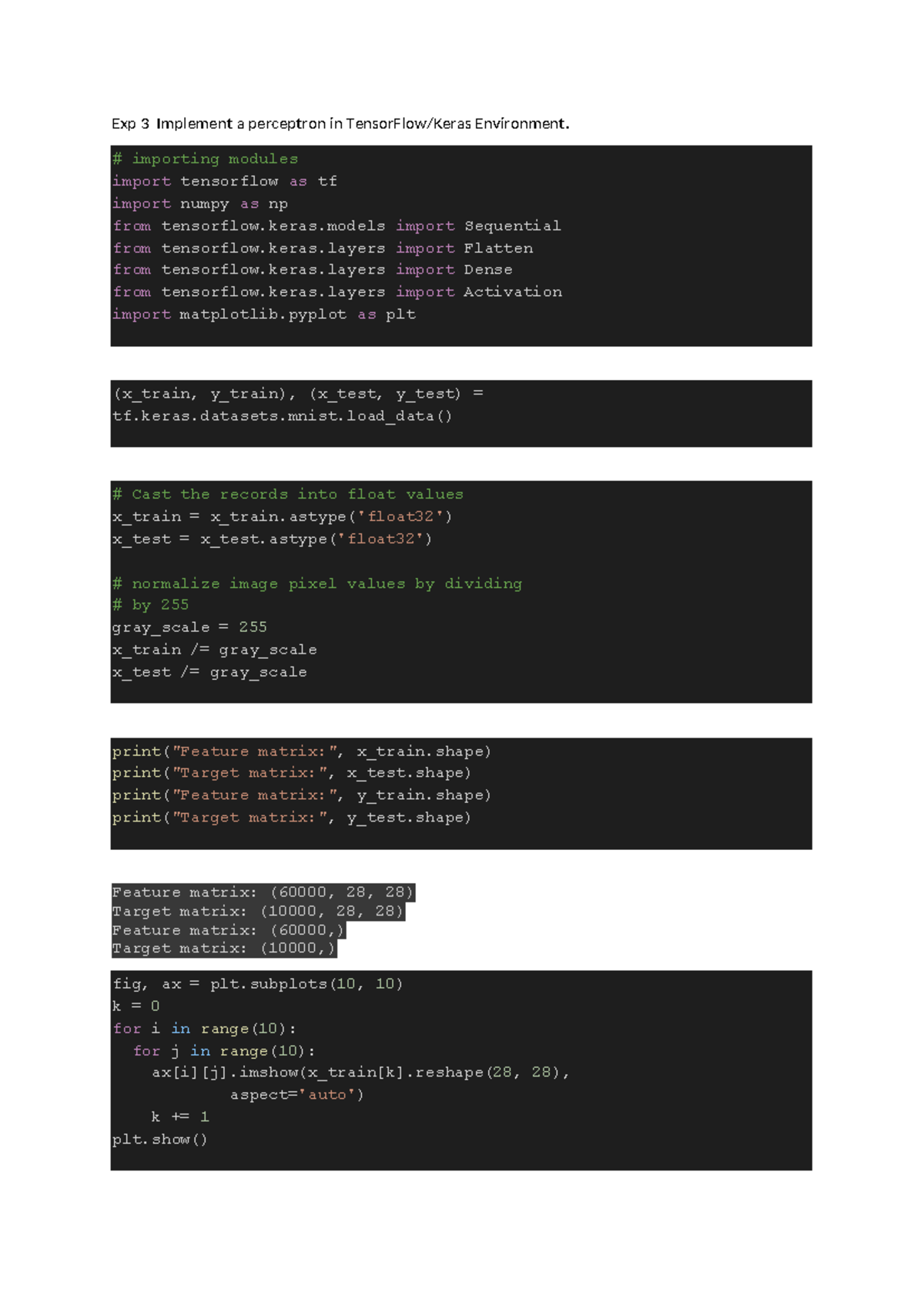 Exp 3 - Implementing a Perceptron in TensorFlow/Keras - Studocu