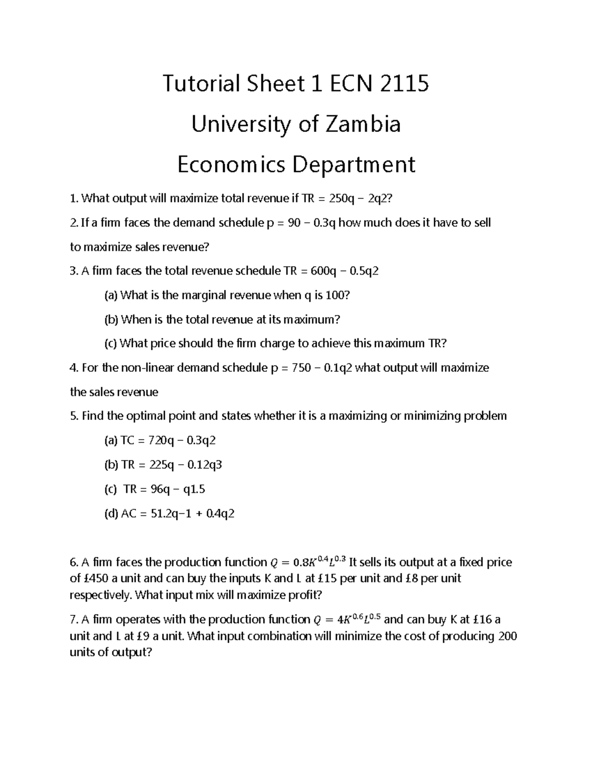 Tutorial Sheet 1: Maximizing Revenue & Profit - ECN 2115 - Studocu