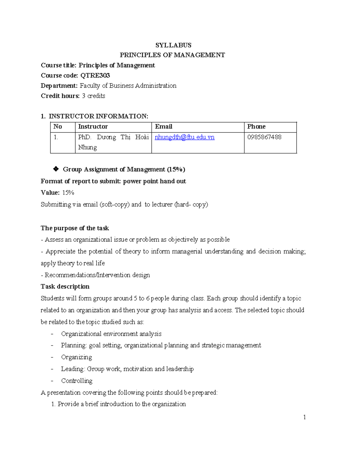 Group Assignment of Management - SYLLABUS PRINCIPLES OF MANAGEMENT ...