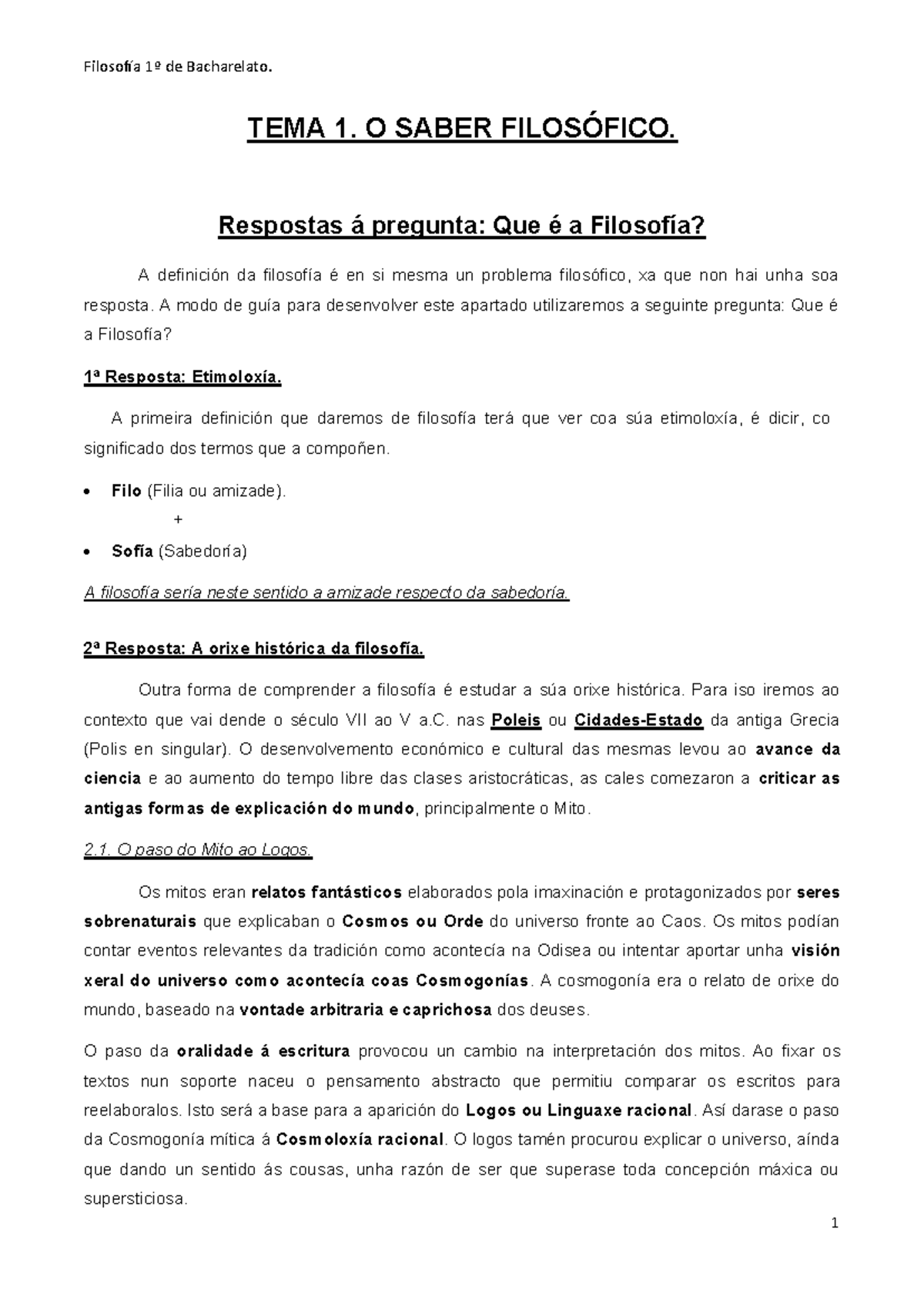 Filosofía 1º de Bacharelato: TEMA 1 - O Saber Filosófico - Studocu