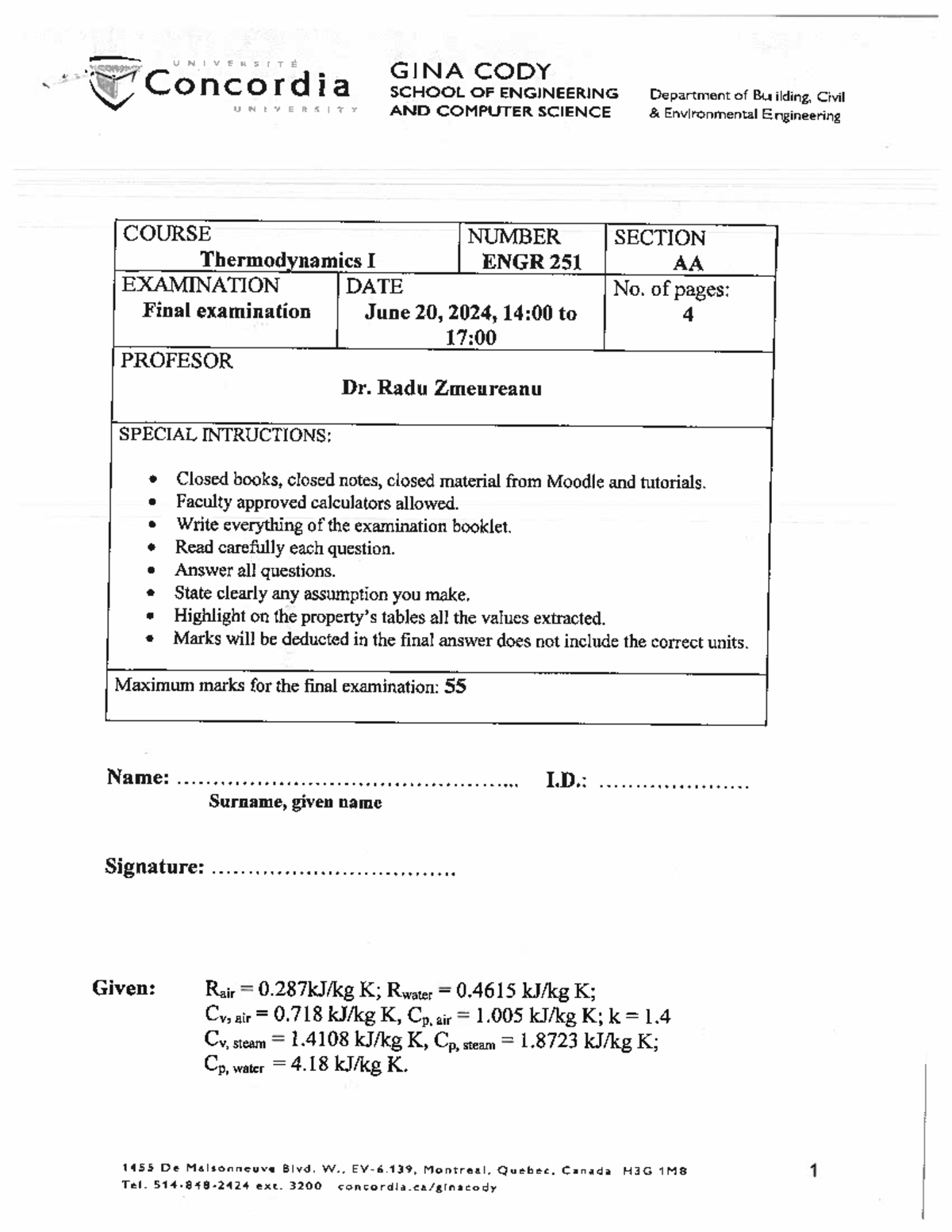 Sample Final Exam Engr 251 Thermodynamics I June 2024 Studocu