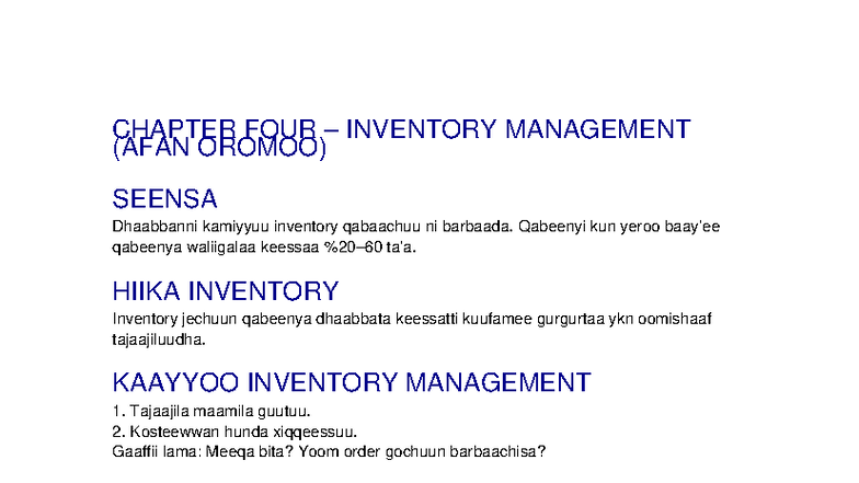 CHAPTER FOUR – INVENTORY MANAGEMENT (AFAN OROMOO) - Studocu
