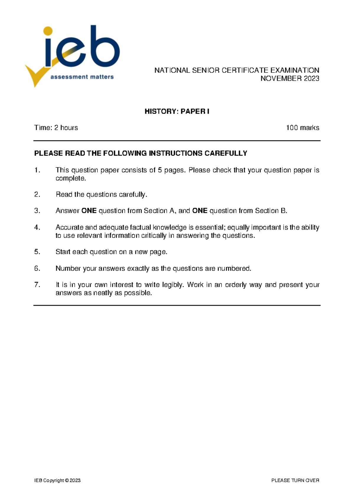 NSC History Exam Nov 2023: Paper I Guidelines & Questions - Studocu