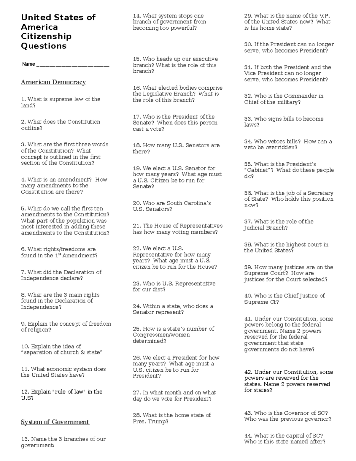 American Democracy: U.S. Citizenship Questions & Answers (Law26) - Studocu