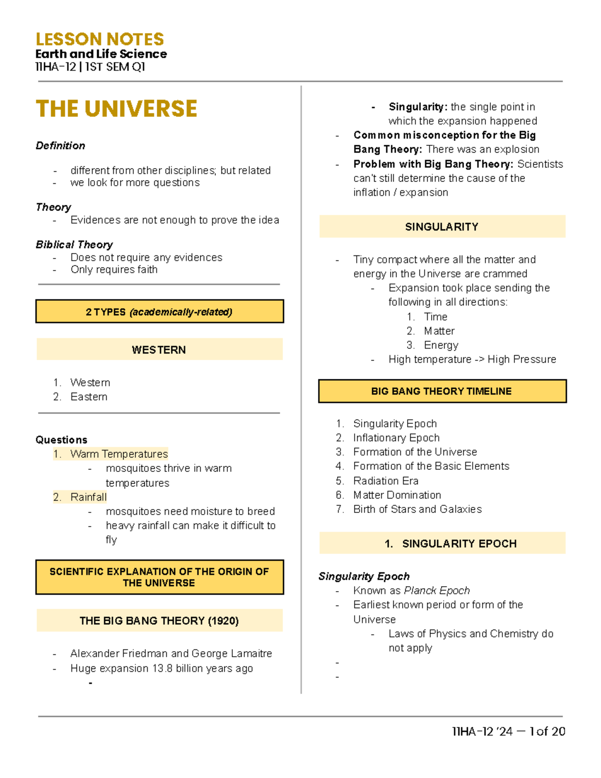 LESSON NOTES Earth and Life Science 1ST SEM Q1: The Universe and Its ...