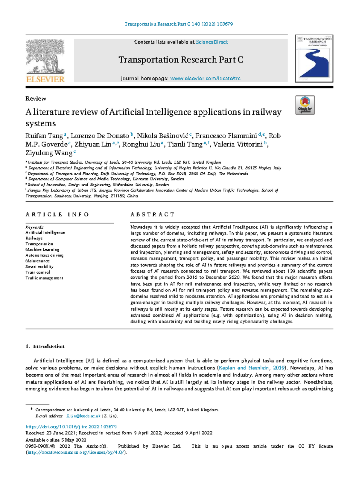 A Literature Review of AI Applications in Railway Systems (TRC 140 ...