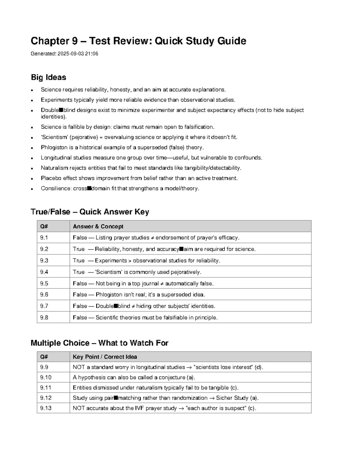 Chapter 9 Test Review: Key Concepts & Quick Answers - Studocu