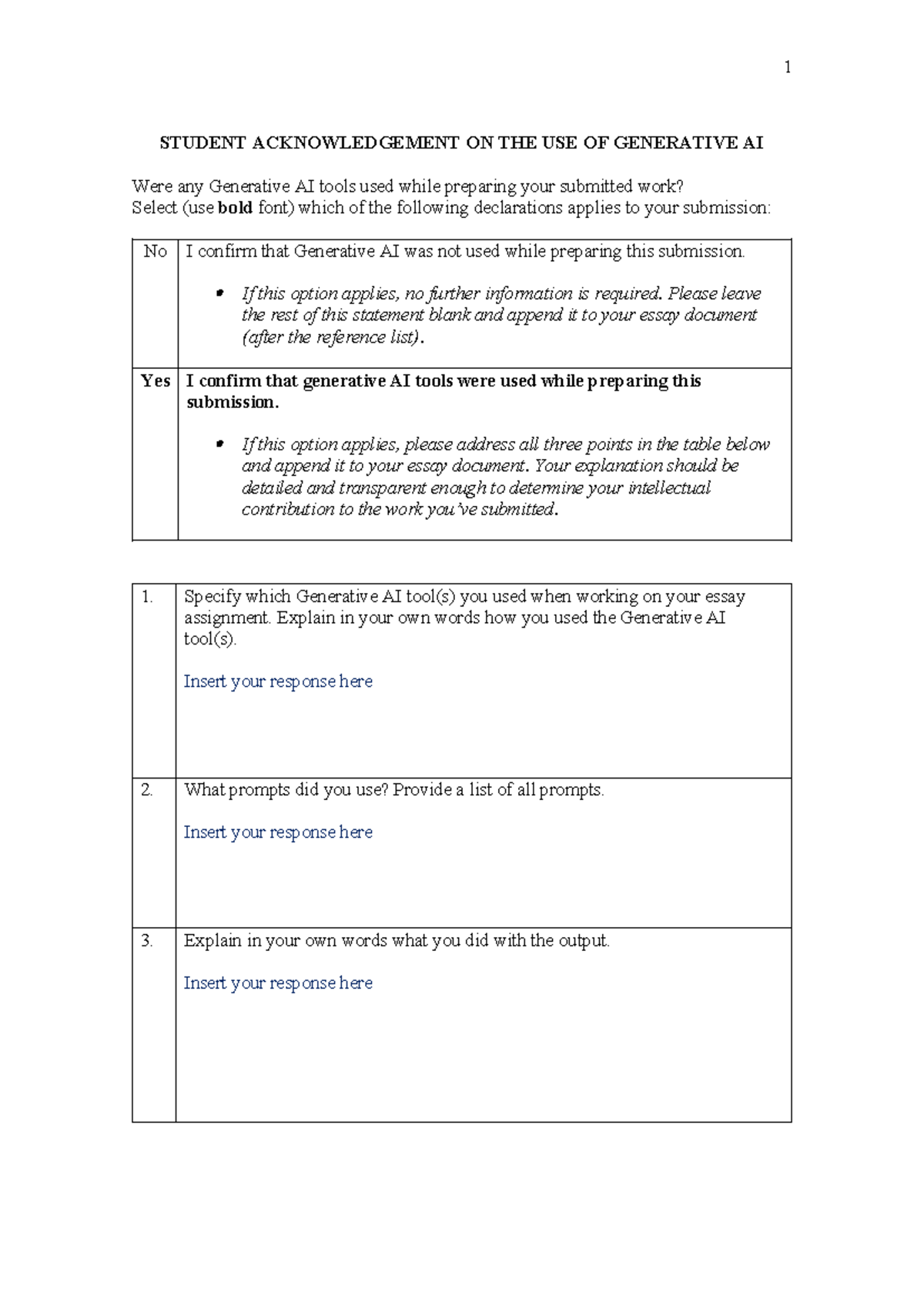 Student acknowledgment on the use of Generative AI - 1 STUDENT ...