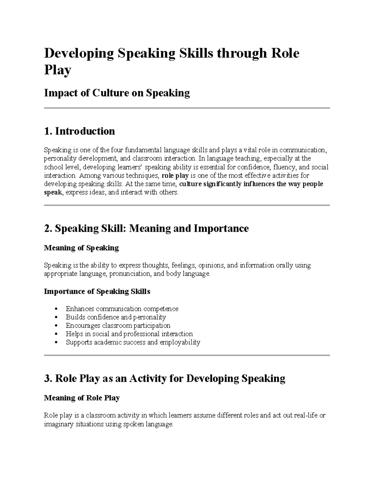 Developing Speaking Skills through Role Play: Impact of Culture on ...
